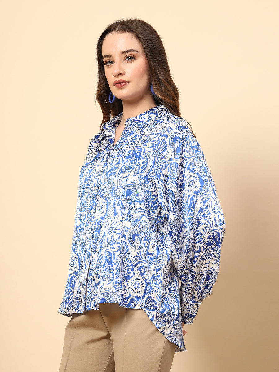 Blue Shirt with Printed Fabric